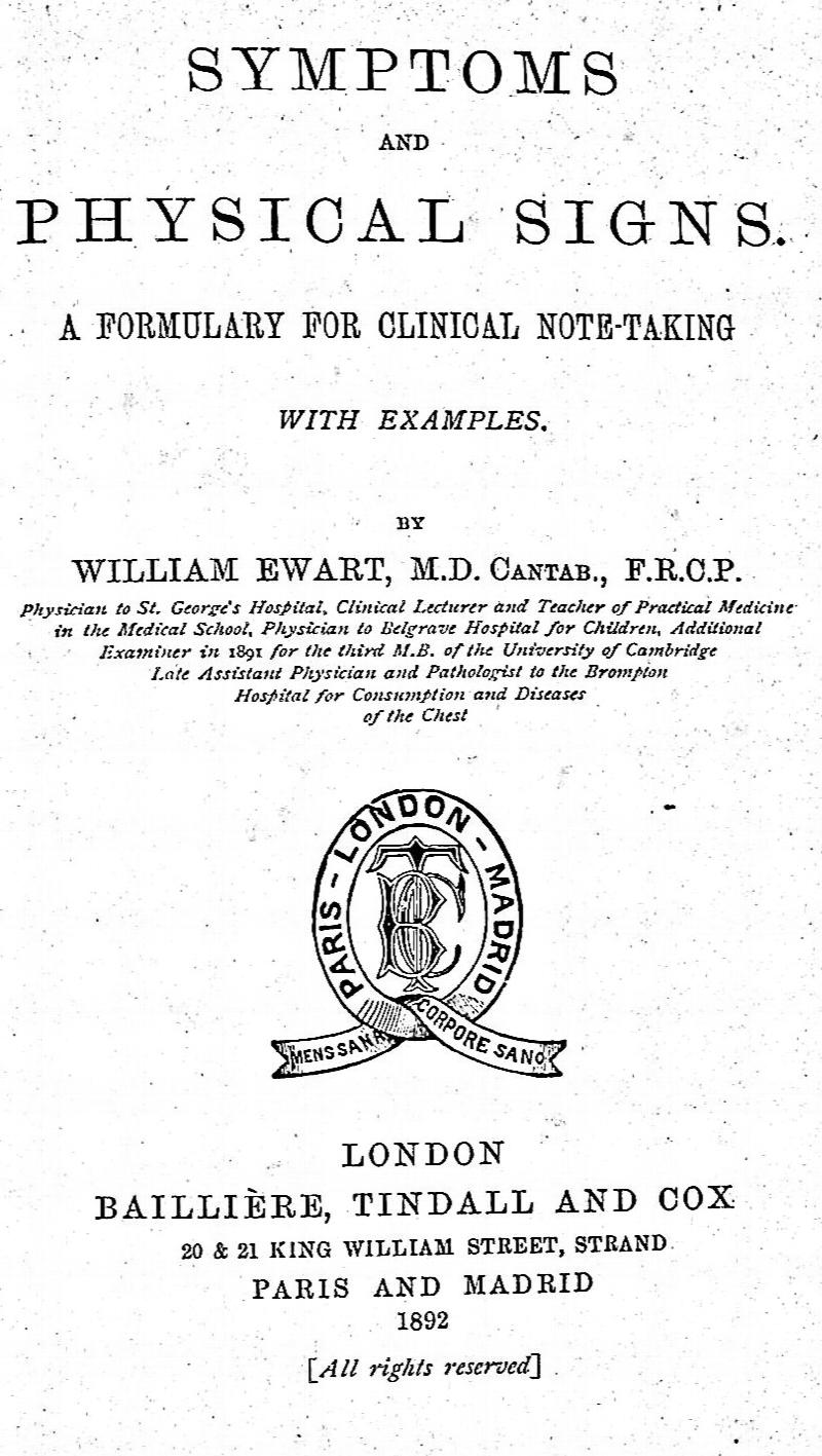 Symptoms and Physical Signs. A Formulary for Clinical Note-Taking, with ...