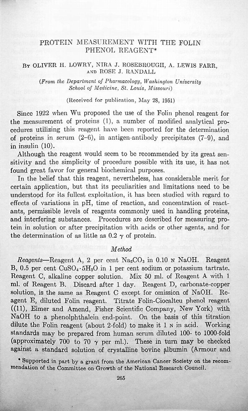 Protein measurement with the folin phenol reagent IN The Journal of ...